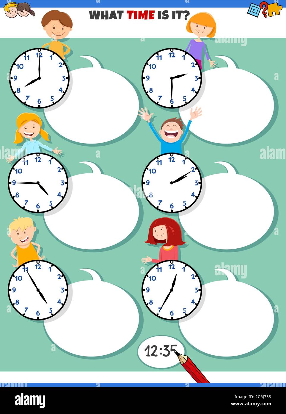 Cartoon Illustrations of Telling Time Educational Task with Clock Faces ...