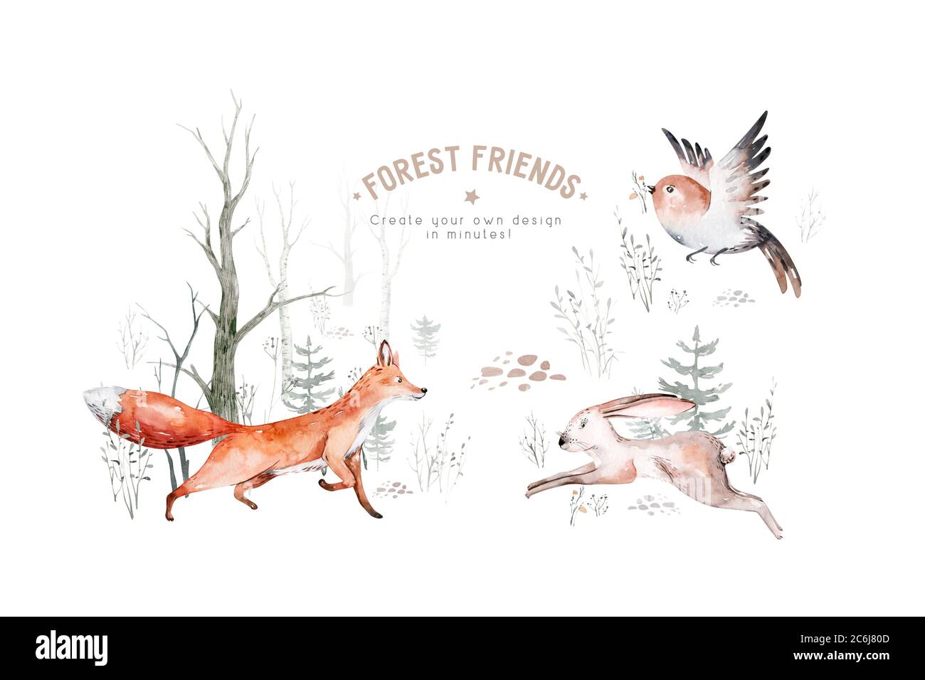 Woodland animals set. Owl, hedgehog, fox and butterfly, Bunny rabbit ...