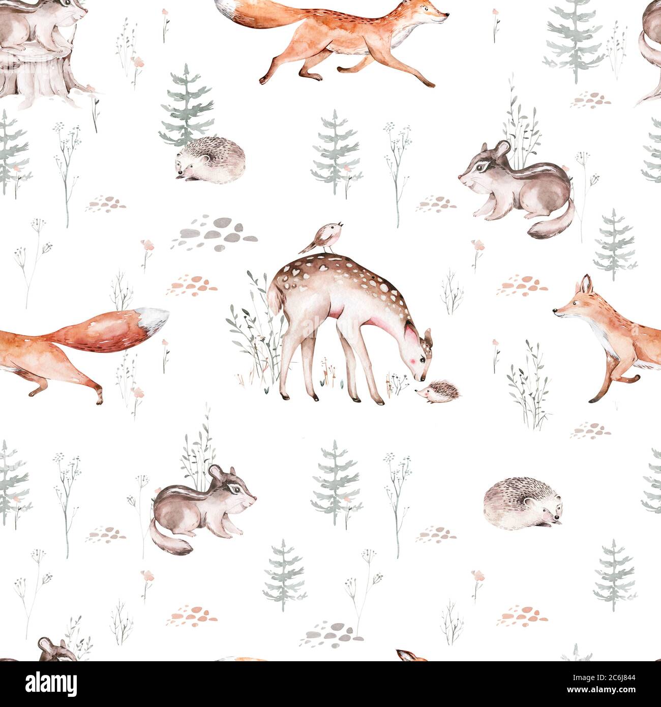 Watercolor Woodland animal Scandinavian seamless pattern. Fabric ...