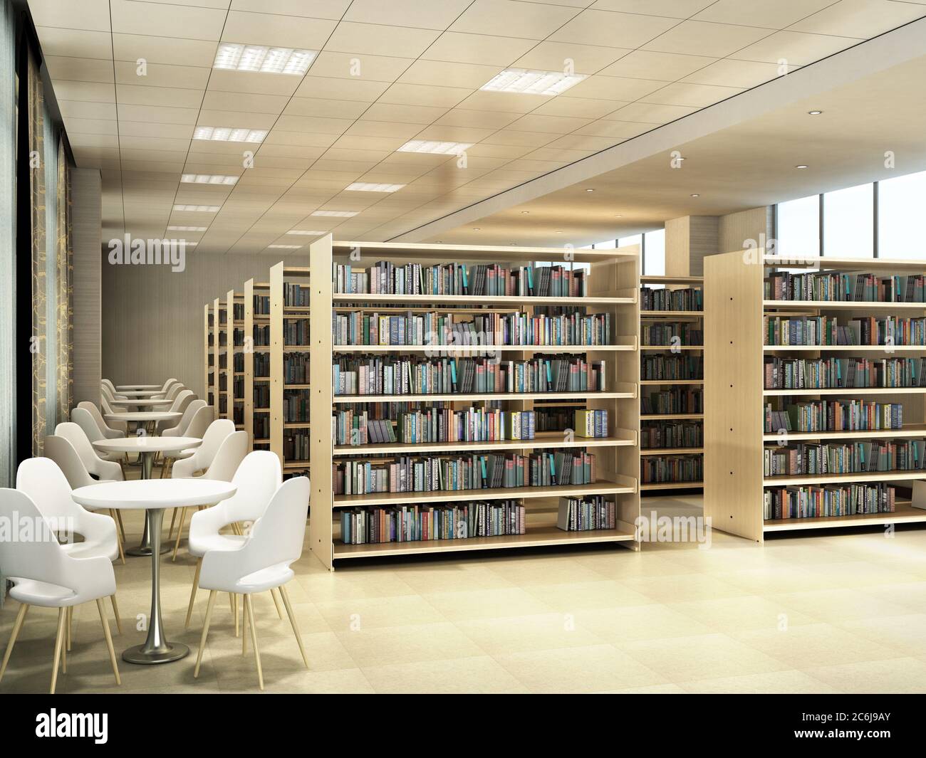 Library room bookshelves tables with chairs light library room 3d ...