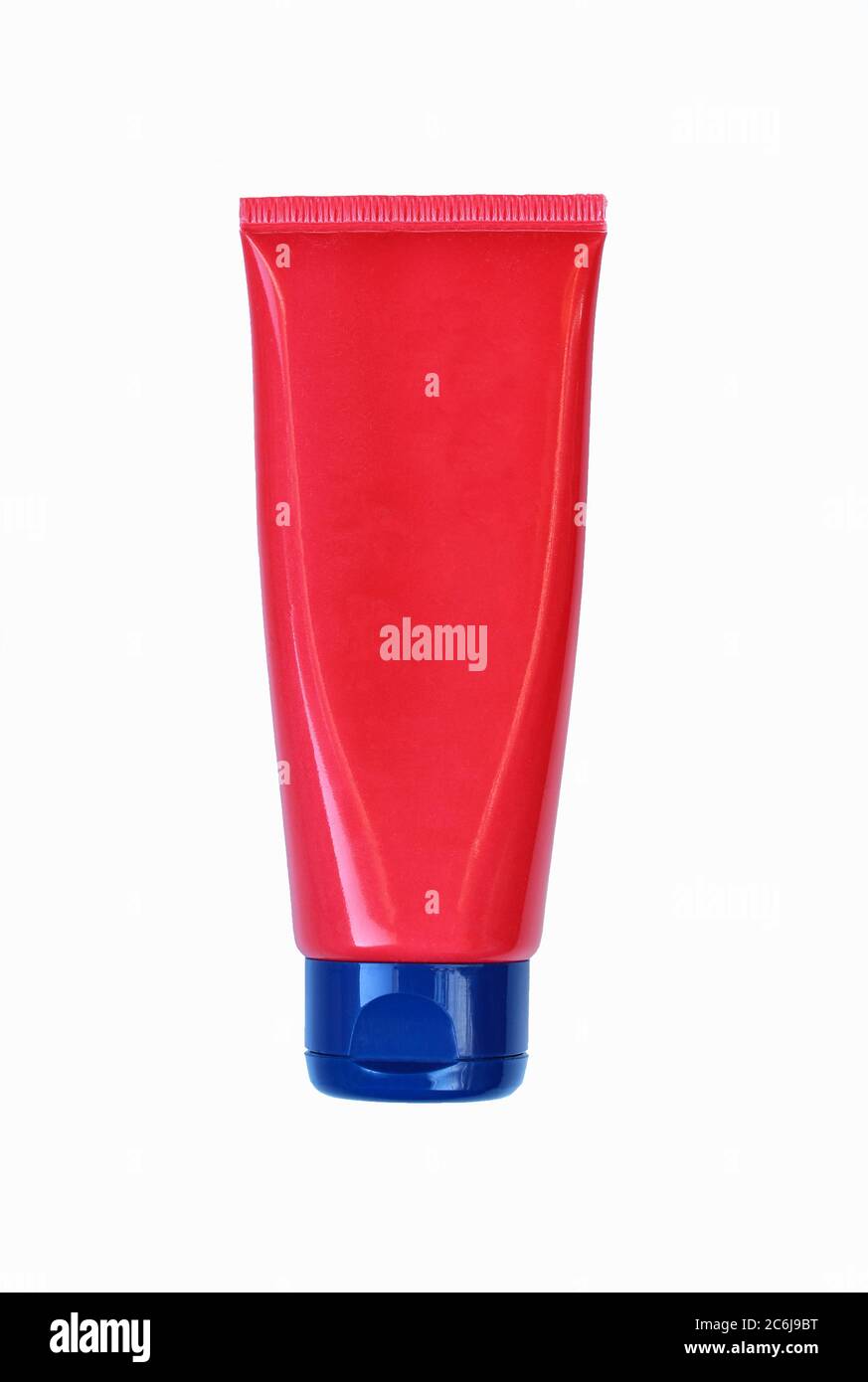 Red plastic packaging isolated on white background. Blank cream tube ...