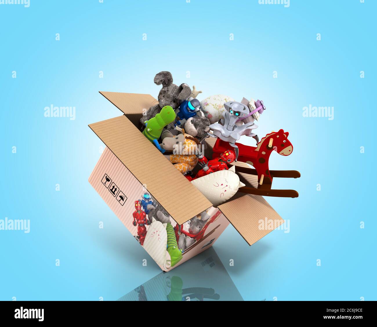 concept of product categories toys fly out of the box 3d render on blue ...