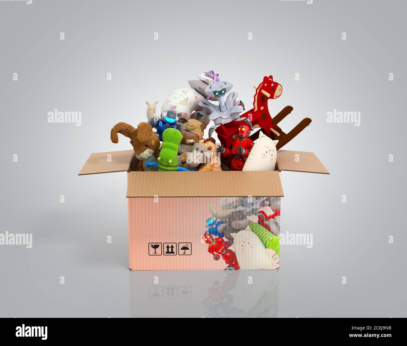 concept of product categories toys in the box 3d render on grey ...