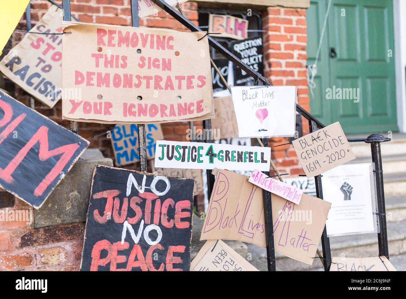 Woodbridge, Suffolk, UK June 20 2020: Homemade BLM protest signs that ...