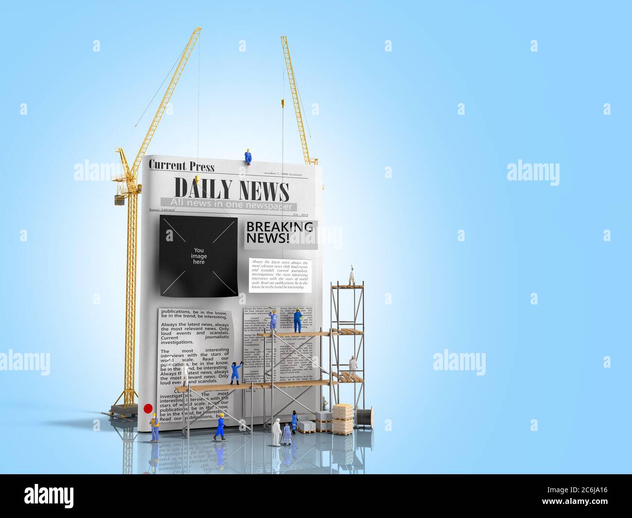 news building concept builders stick newspaper columns on a blank ...