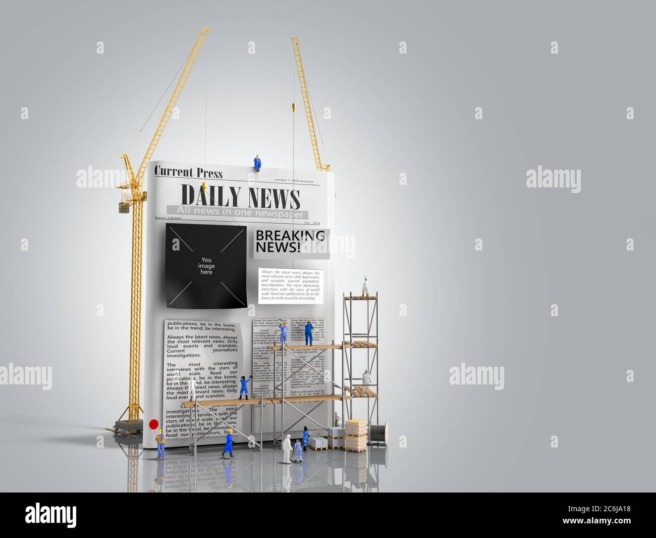 news building concept builders stick newspaper columns on a blank ...