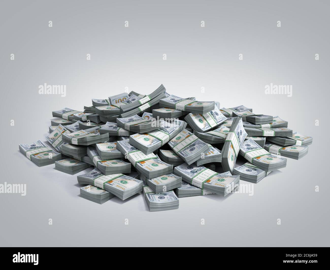Money Pile of packs of hundred dollar bills stacks 3d render on grey ...