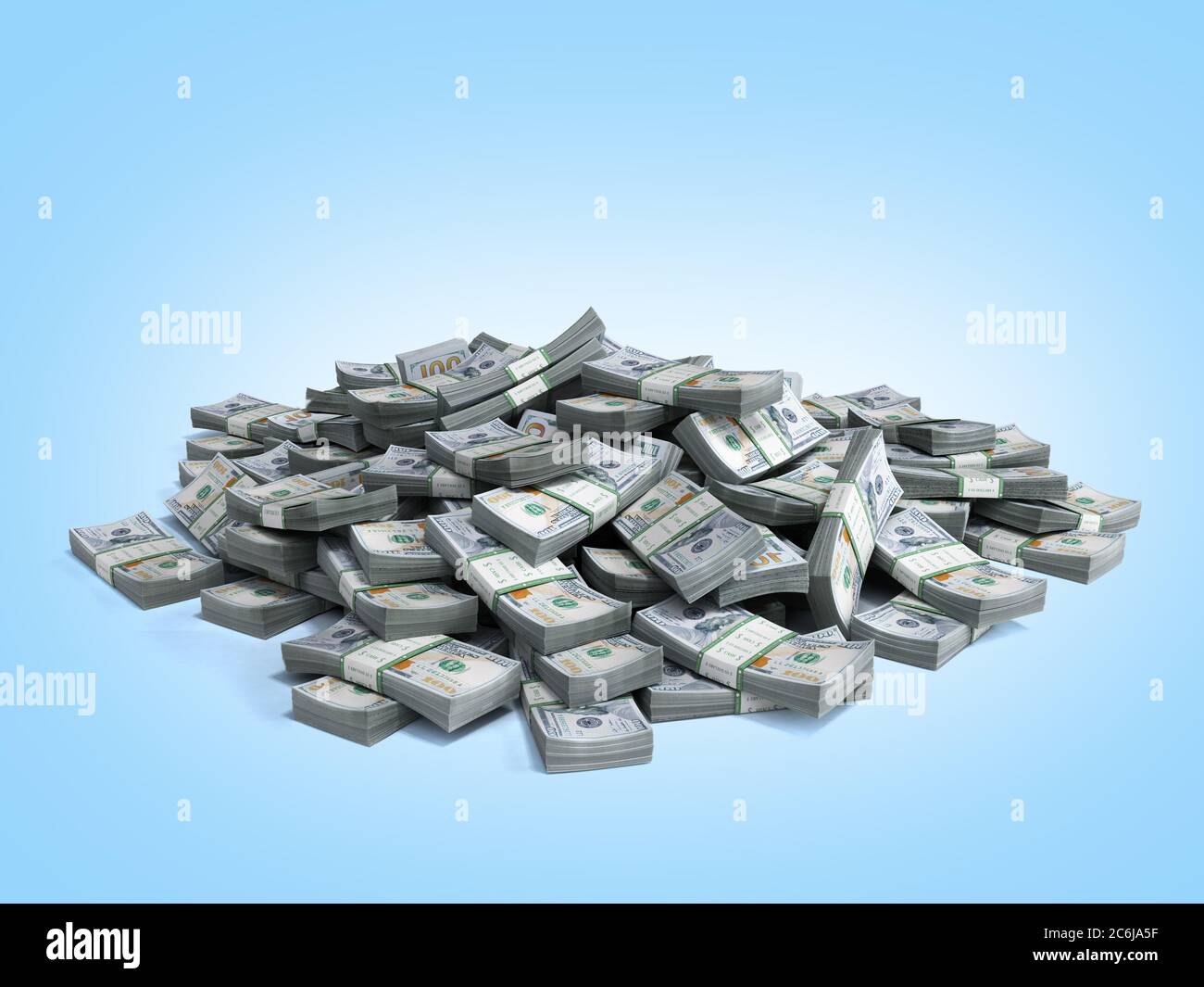 Money Pile of packs of hundred dollar bills stacks 3d render on blue ...