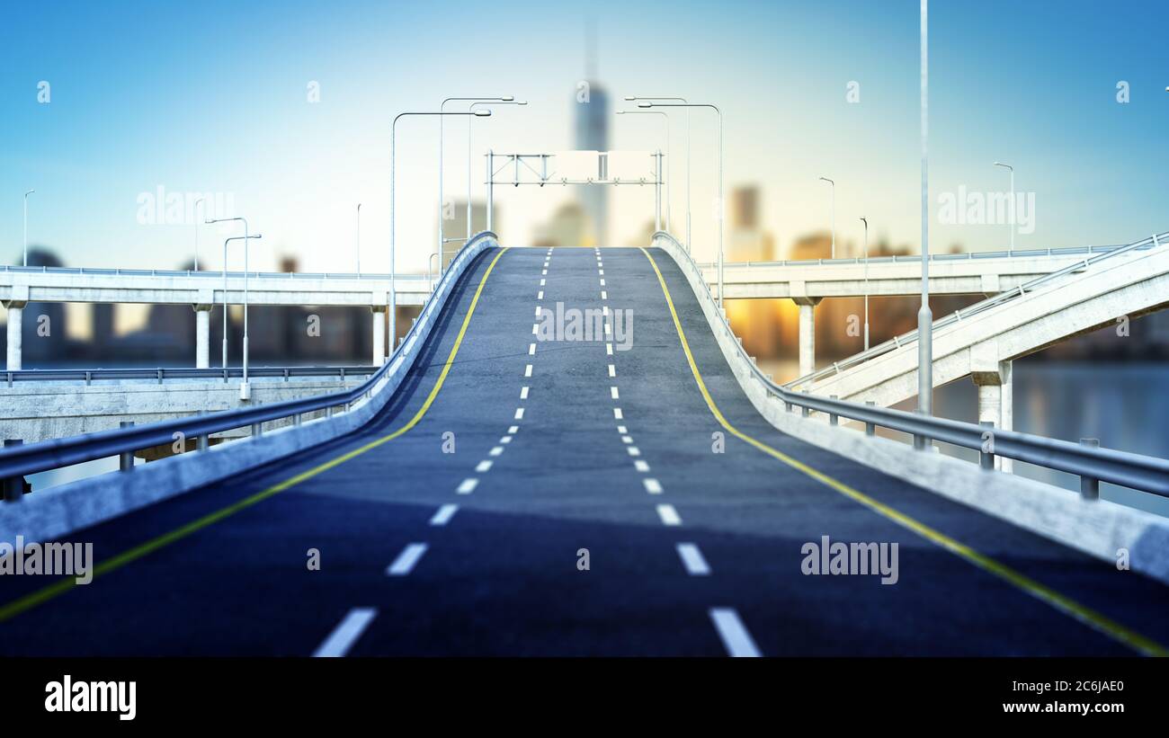 Road freeway travel concept route direction 3d render on city landscape ...