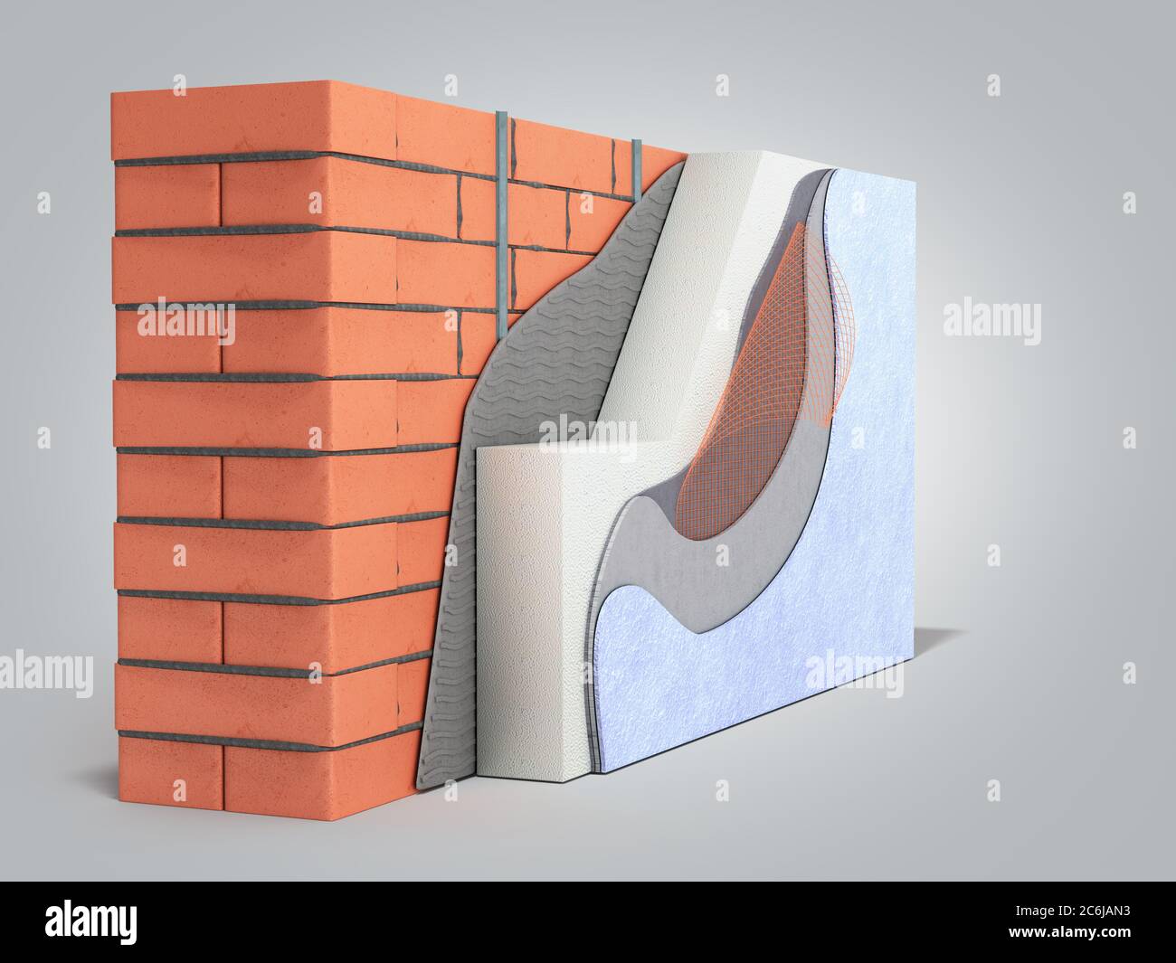 Layered brick wall thermal insulation concept 3d render on grey ...
