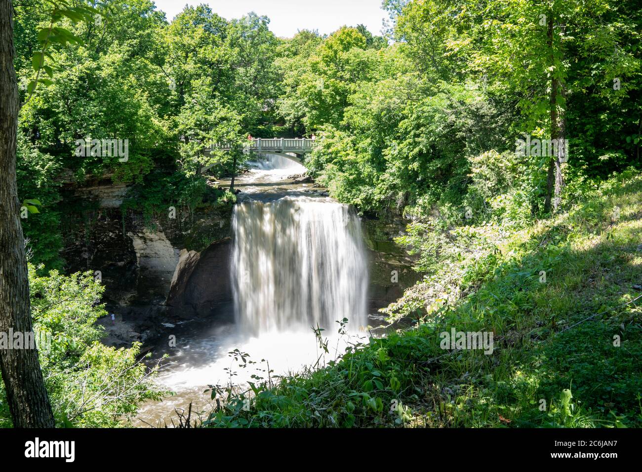View of the upper falls of Minneopa Falls waterfall at Minneopa State Park in Mankato Minnesota ...