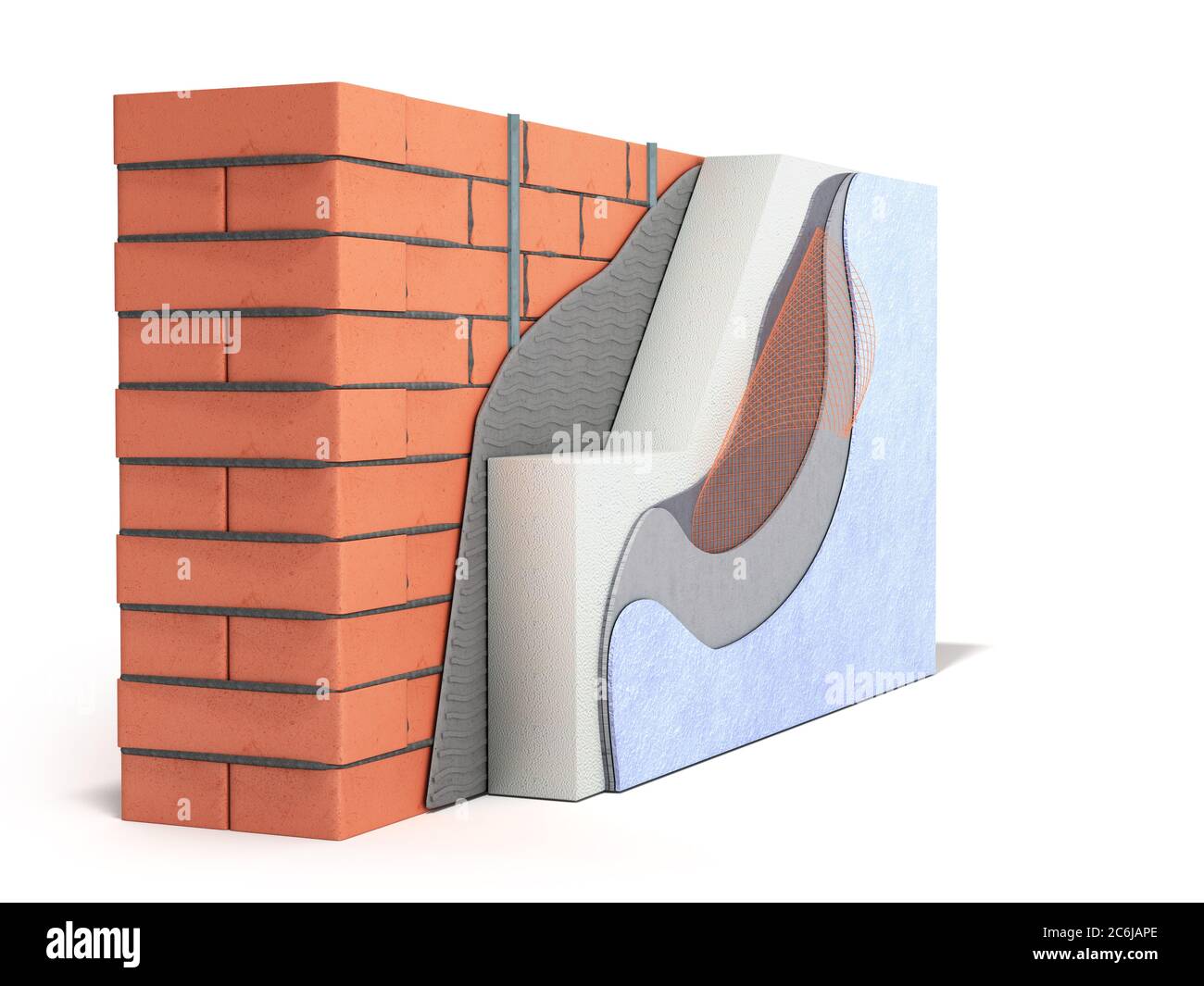 Layered brick wall thermal insulation concept 3d render on white ...