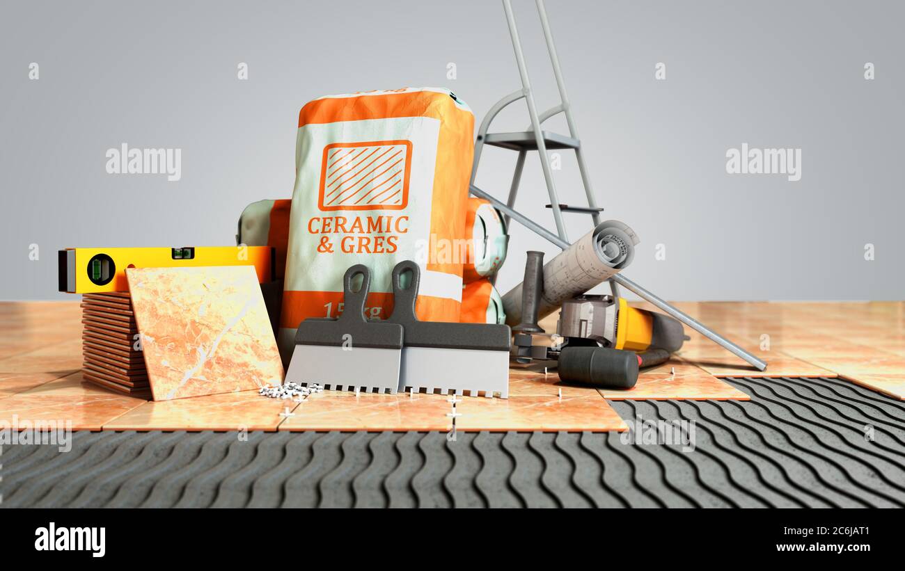 modern concept of tile laying tools and building materials for laying ...