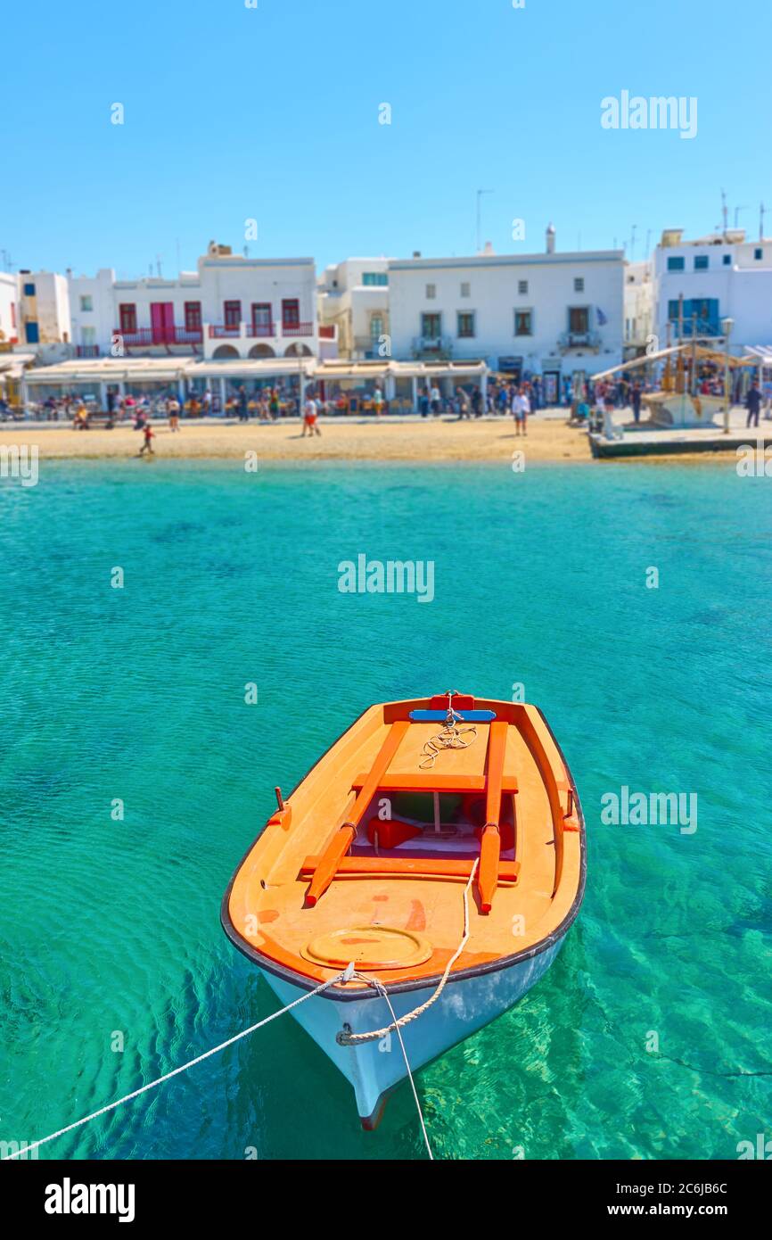 Oar boat in The Old Port of Mykonos, Greece. Greek scenery Stock Photo ...