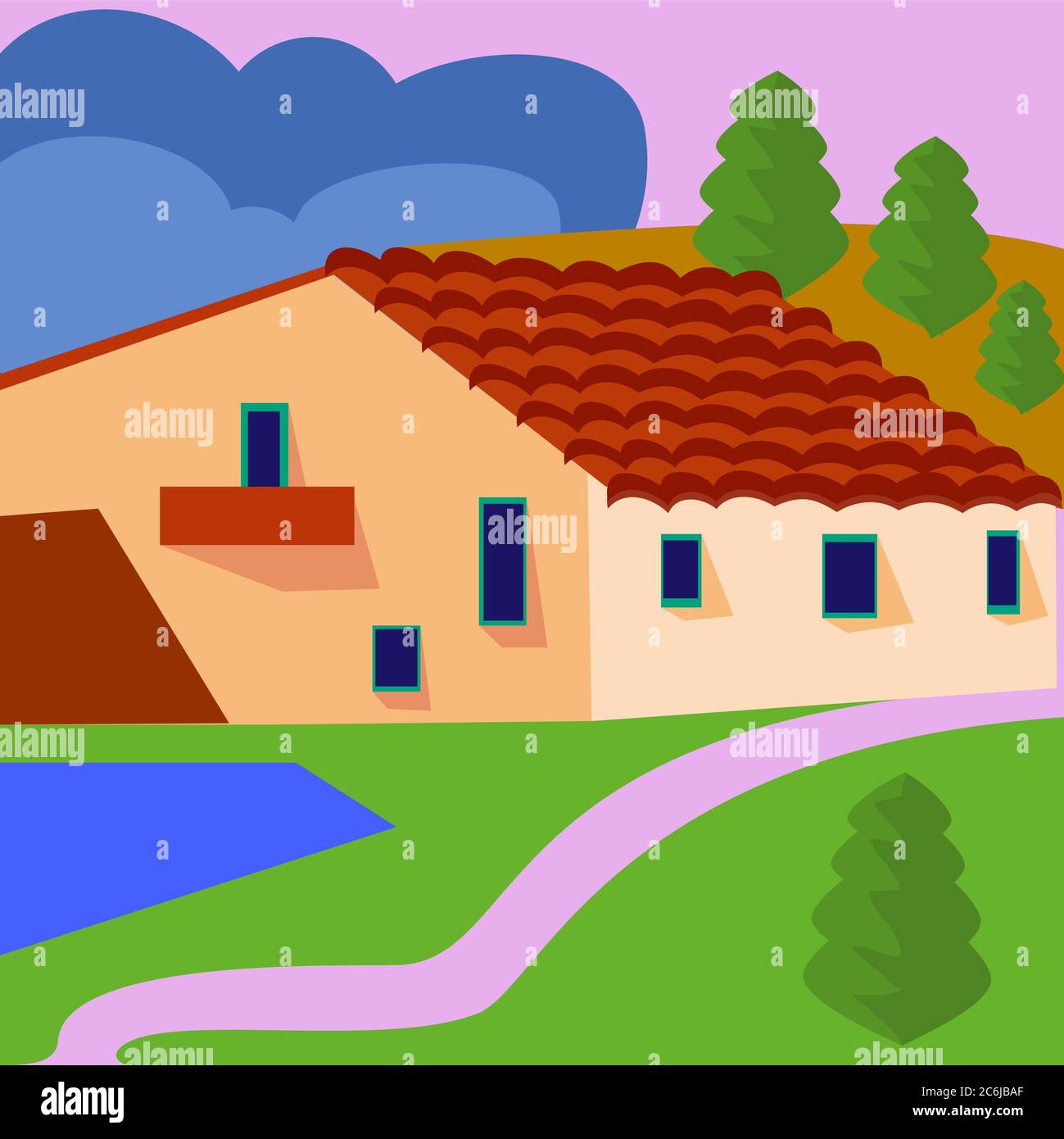 Farm landscape with fields and farmhouse. Vector illustration Stock ...