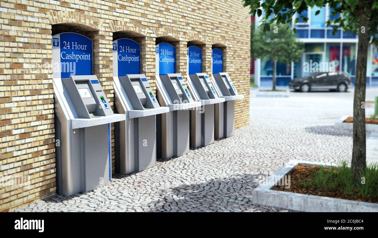 ATM on the street against a brick wall 3d render illustration Stock ...