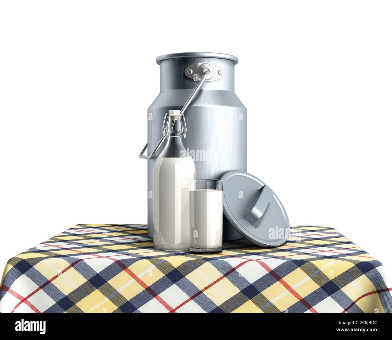 milk can container near the bottle and glass of milk on table 3d render ...