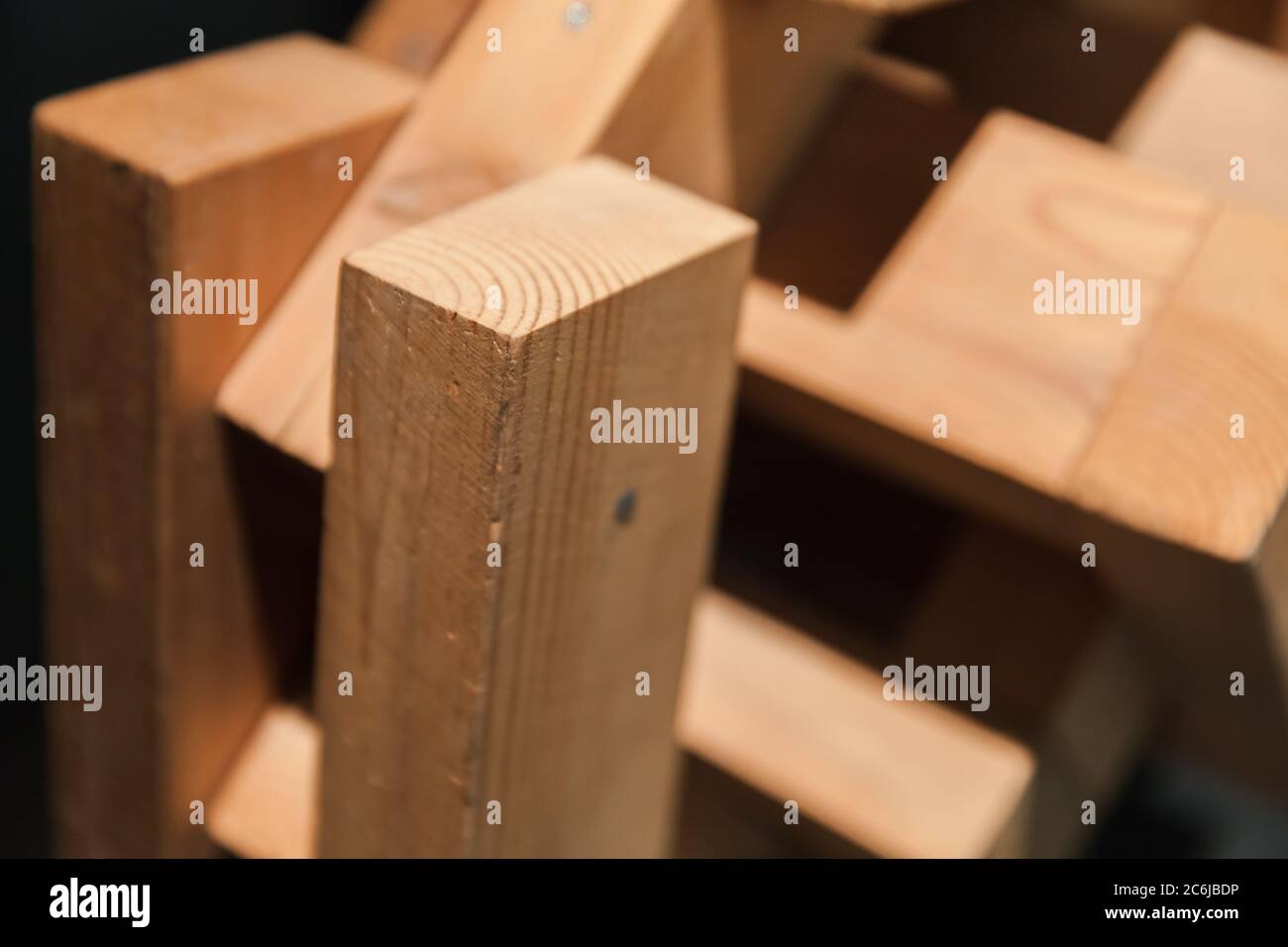 Abstract wooden construction, close up photo with soft selective focus ...