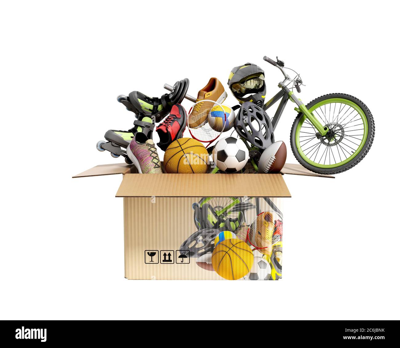 concept of product categories sports wear and equipment in the box 3d ...