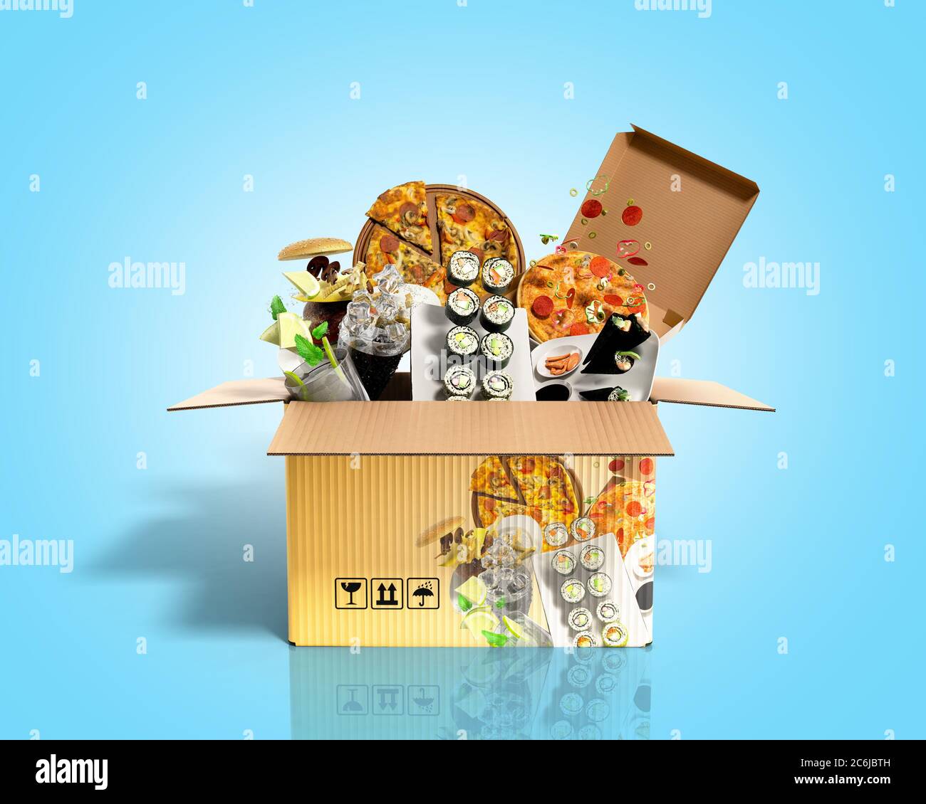 concept of product categories food in the box 3d render on blue ...