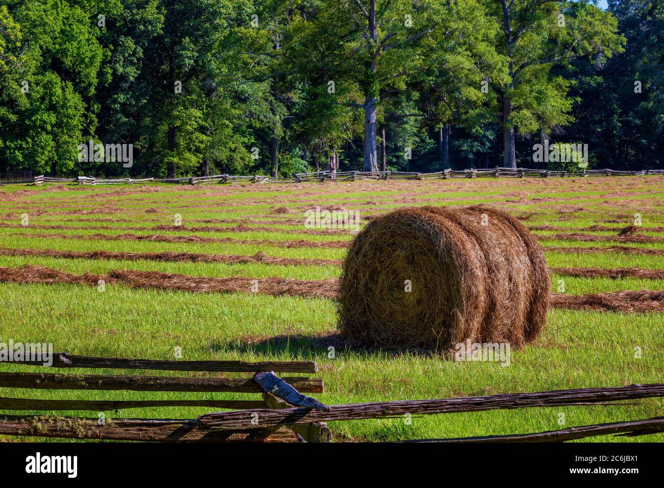 A field of cut grass hay and a round bail near a split rail fence seen ...