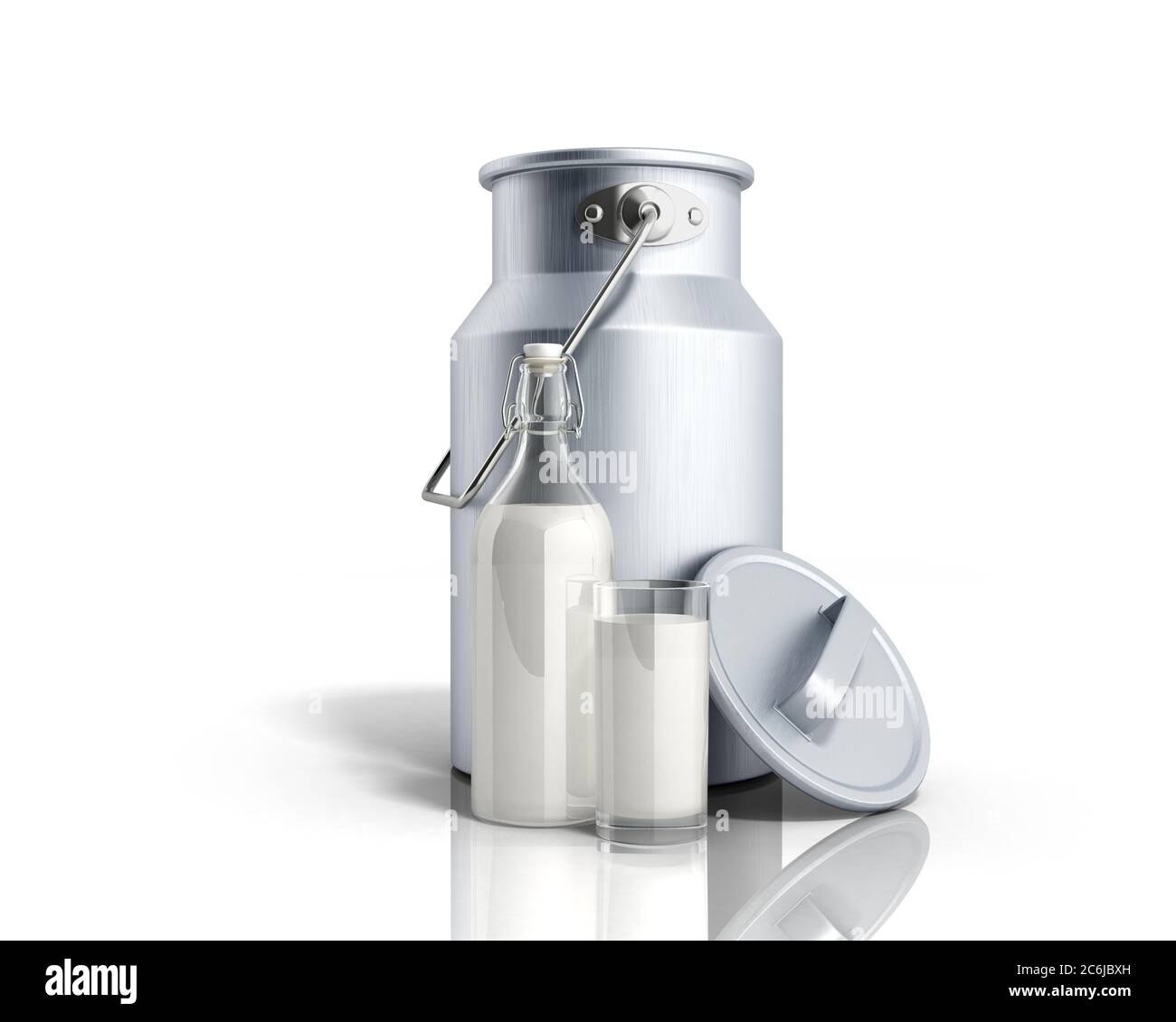 milk can container near the bottle and glass of milk 3d render on white ...