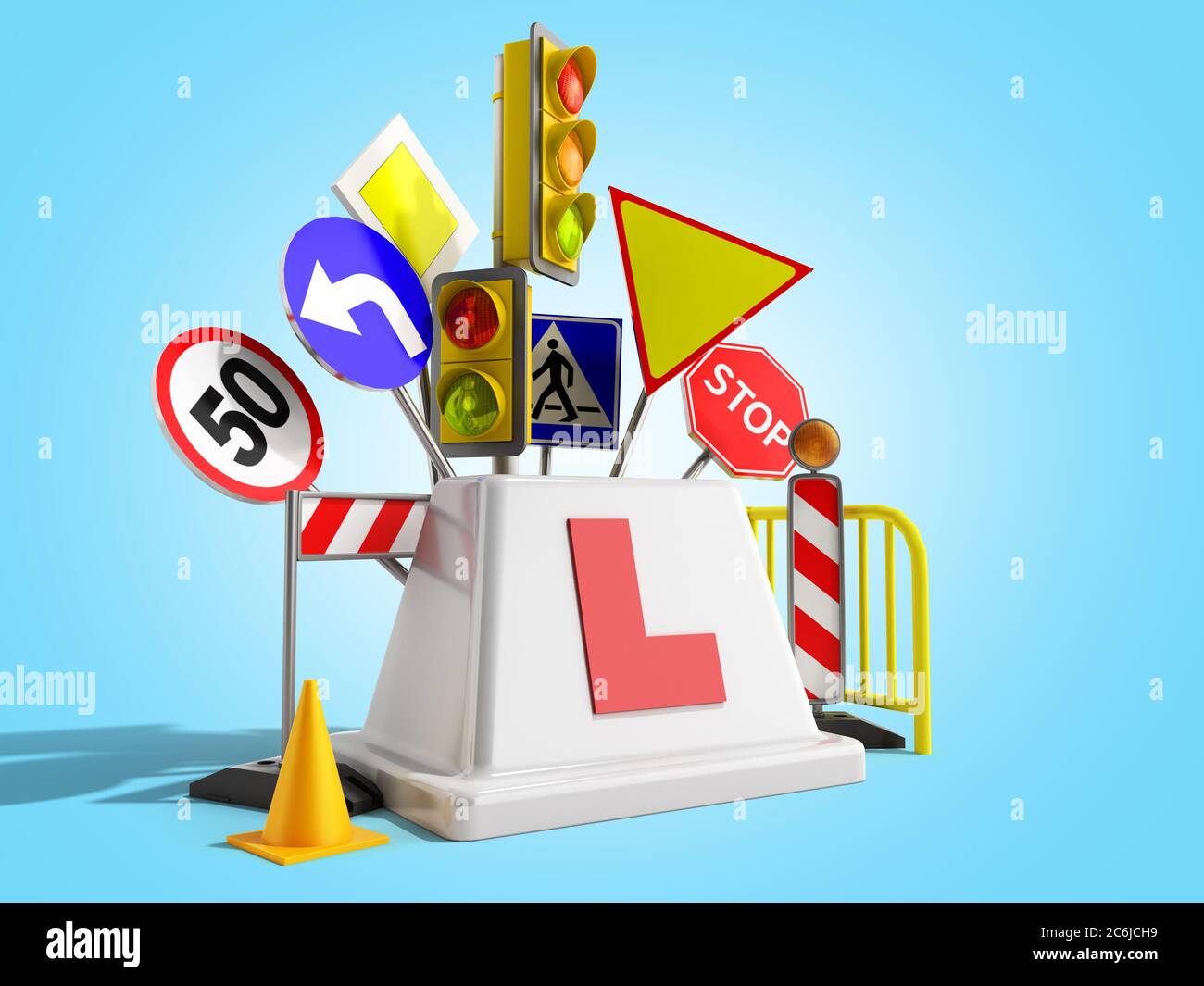 concept of driver school logo road signs traffic lights fencing 3d ...