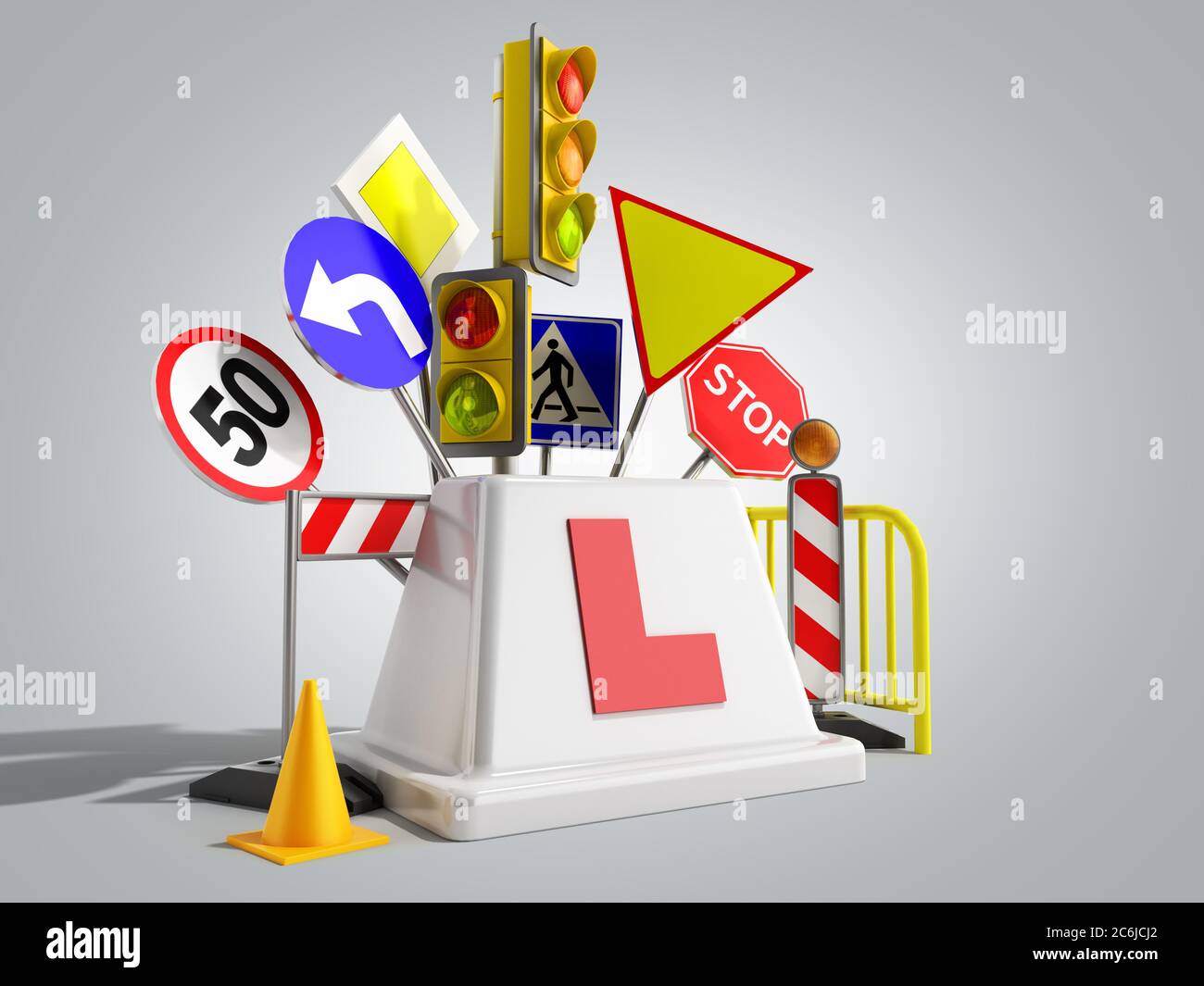 concept of driver school logo road signs traffic lights fencing 3d ...