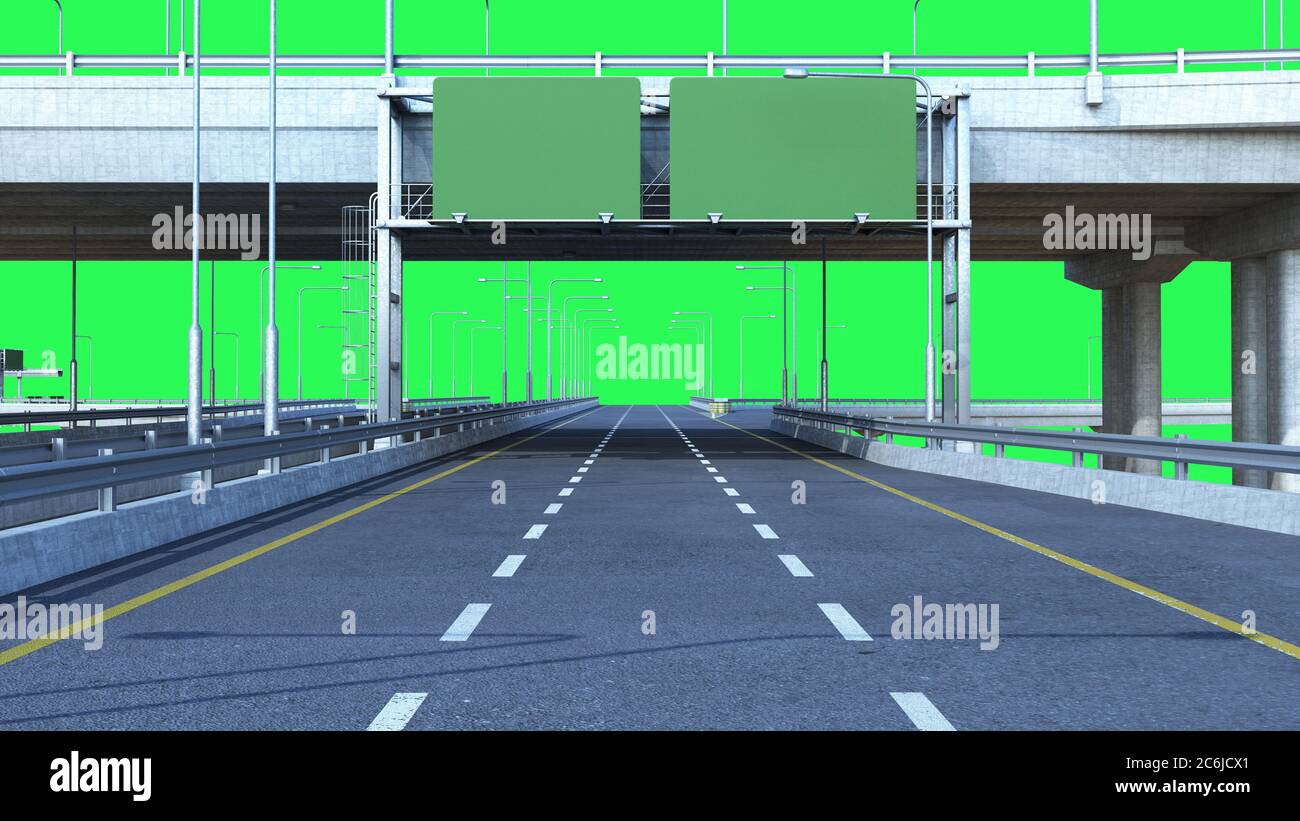 Day Road freeway travel concept route big board 3d render on green ...