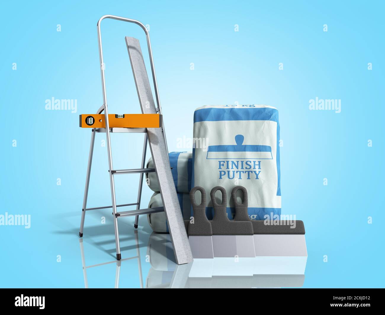 tile finish putty in the package next to the tools 3d render on blue ...