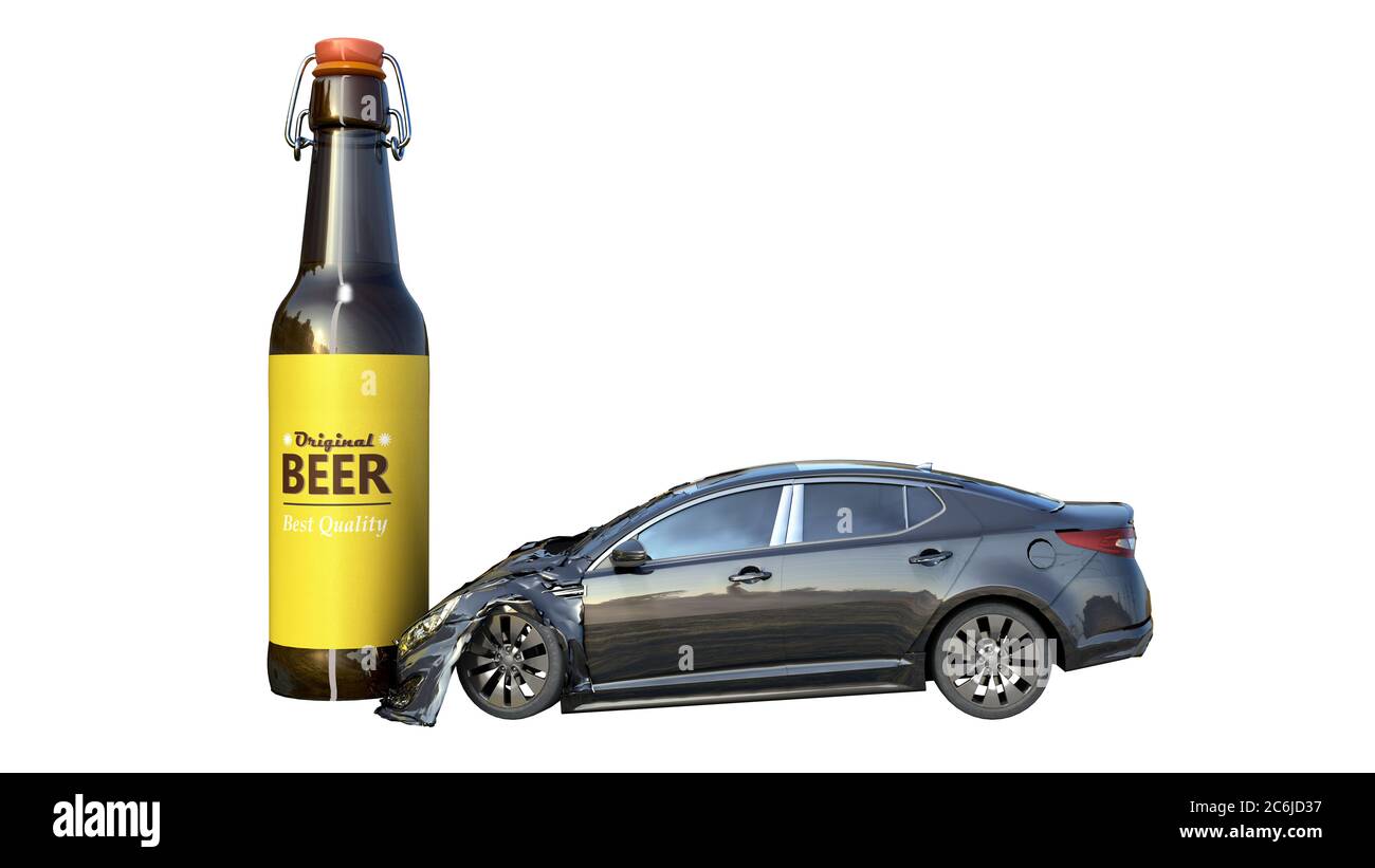 drunk driving concept car crashed on a bottle 3d render on white no ...