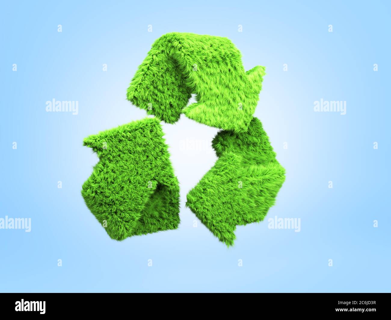 volumetric green grass coated recycling sign 3d render on blue gradient ...