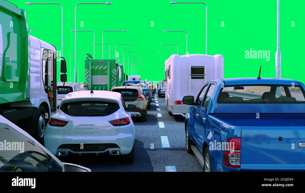 Cars on highway in traffic jam 3d render green screen Stock Photo - Alamy