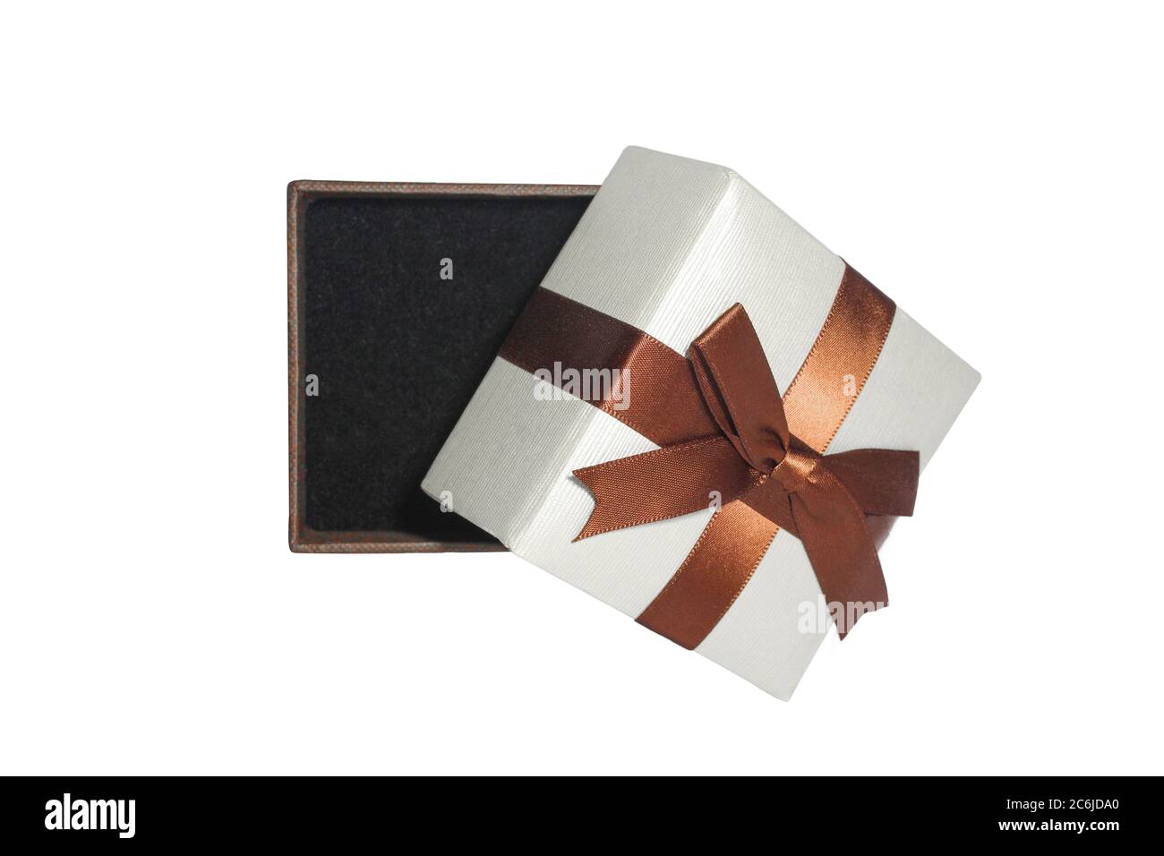 Open gift box with brown ribbon isolated on white background. Small ...