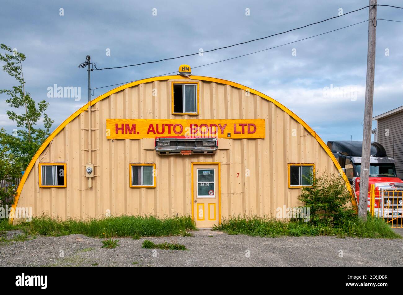 HM Auto Body Ltd, car repair garage in Badger, Newfoundland Stock Photo ...