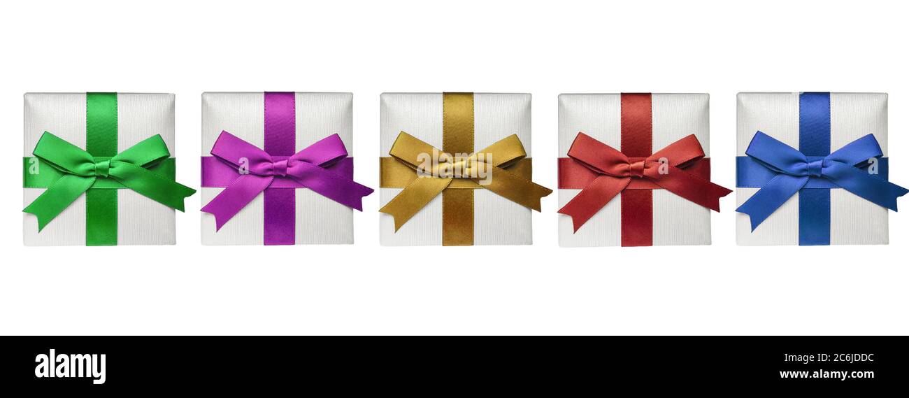 Small different color gift boxes isolated on white background. Five ...