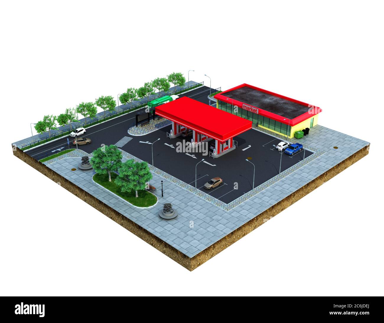 piece of land Gas station with parking on the ground 3d render on white ...