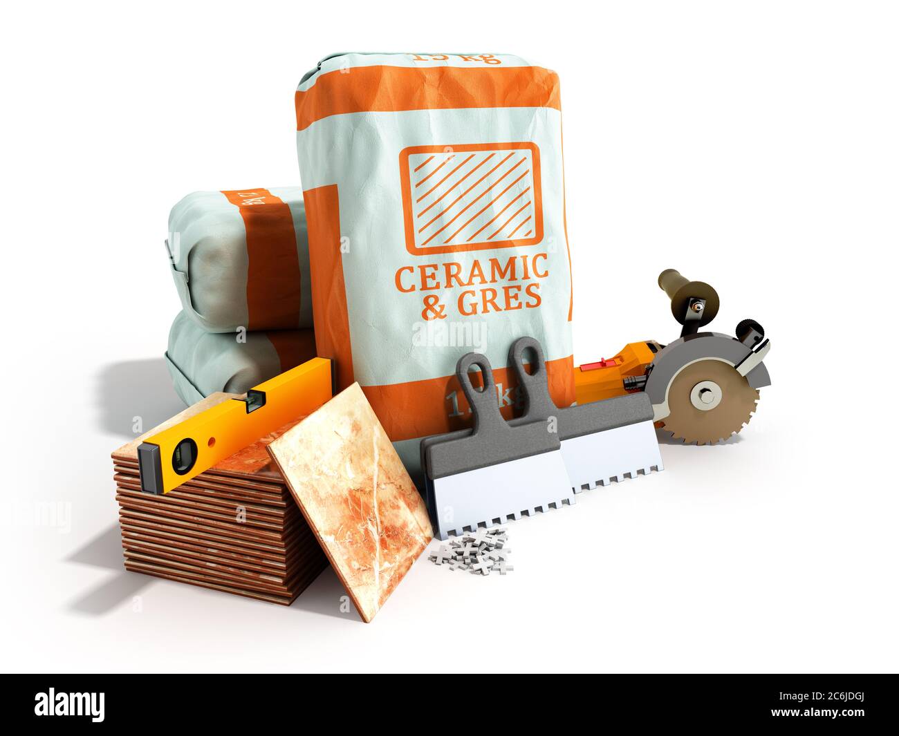 tile adhesive in the package ceramic glue tile laying tools 3d render ...