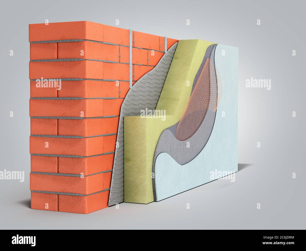 Layered brick wall thermal insulation concept 3d render on grey ...