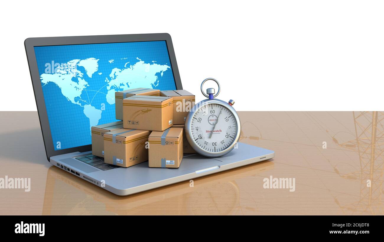box and stopwatch standing on a laptop concept of delivery 3d render ...
