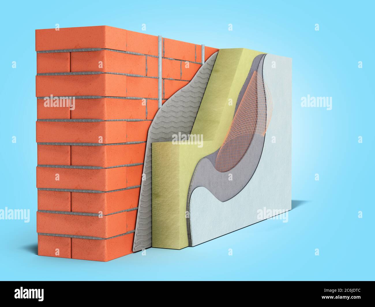 Layered brick wall thermal insulation concept 3d render on blue ...