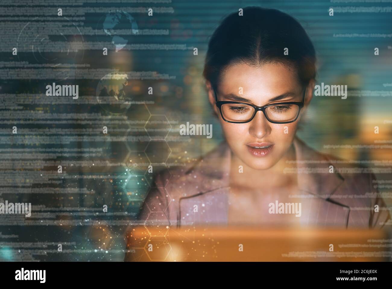 Businesswoman using pc. World Business strategy. Abstract icon. Digital ...