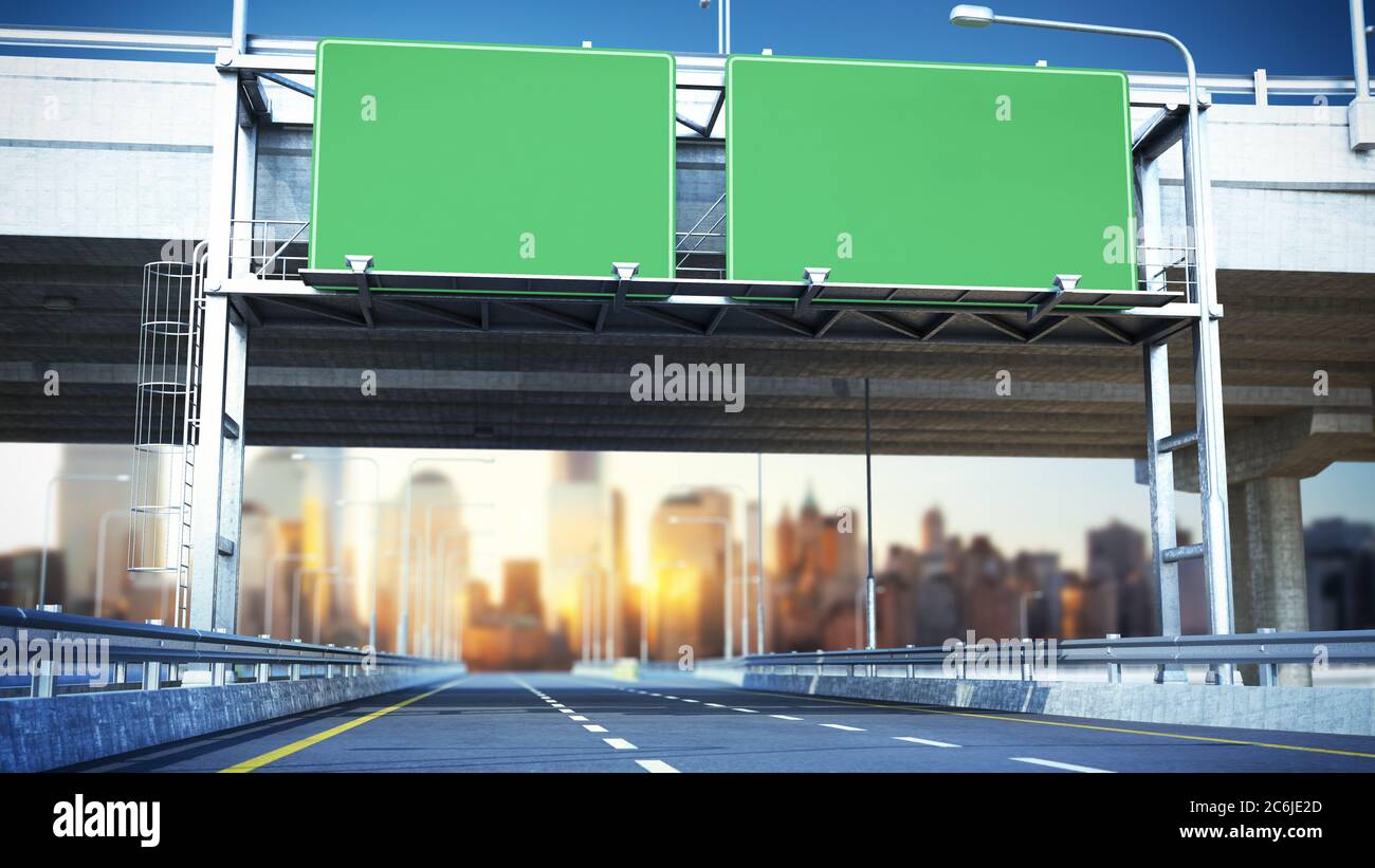 Day Road freeway travel concept route big board 3d render on city ...
