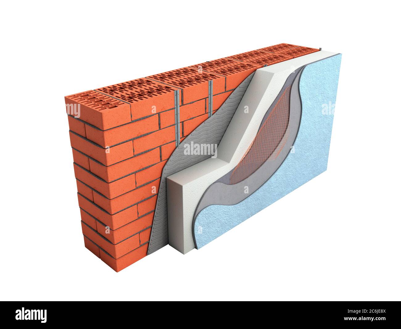 Layered brick wall thermal insulation concept 3d render on white ...