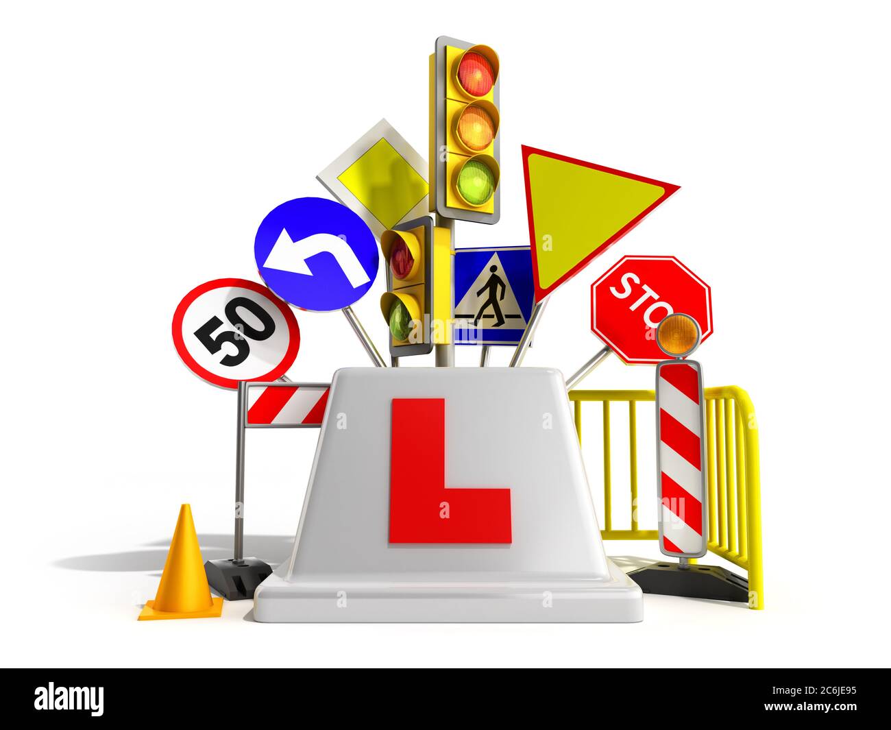 concept of driver school logo road signs traffic lights fencing 3d ...