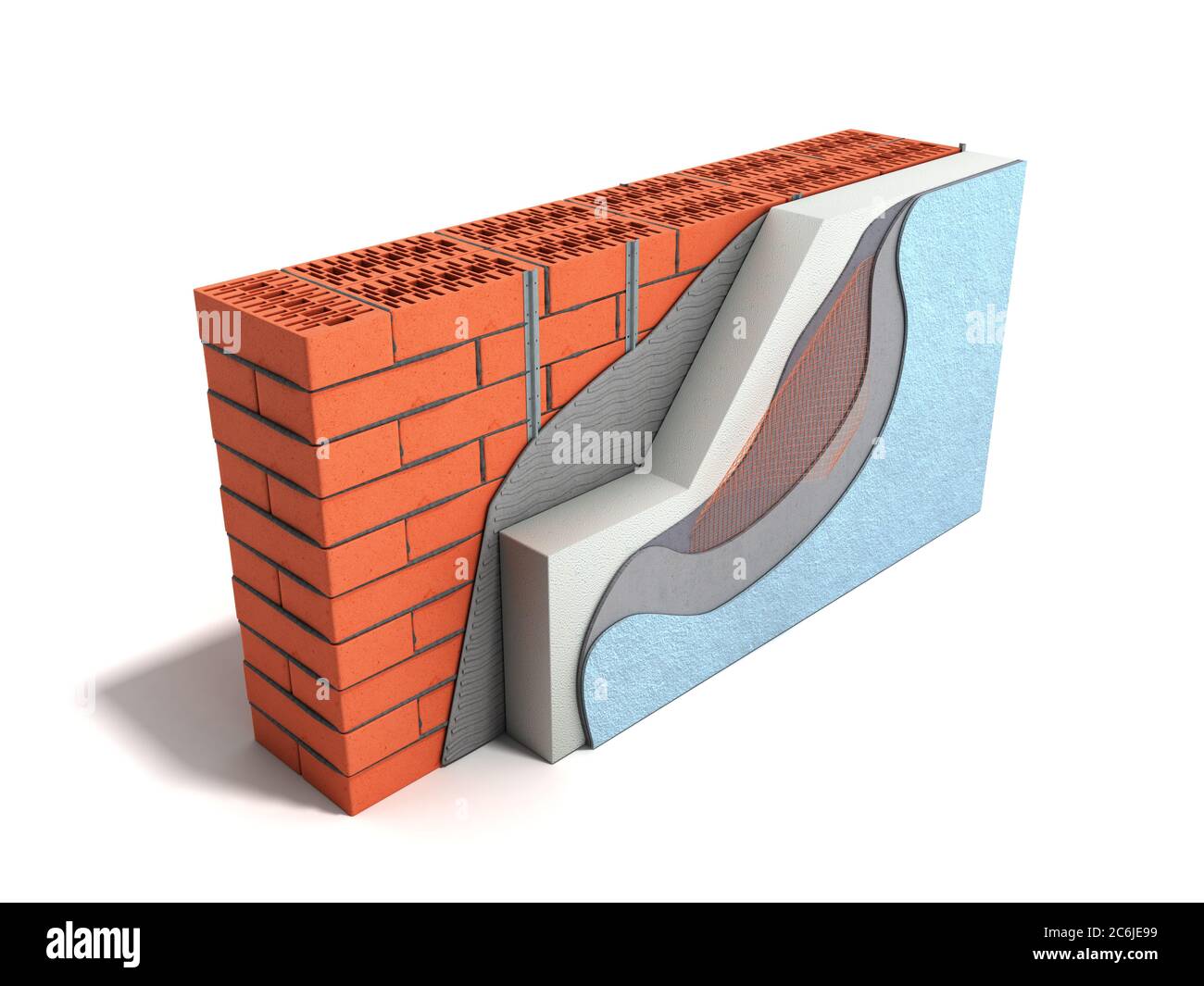 Layered brick wall thermal insulation concept 3d render on white ...