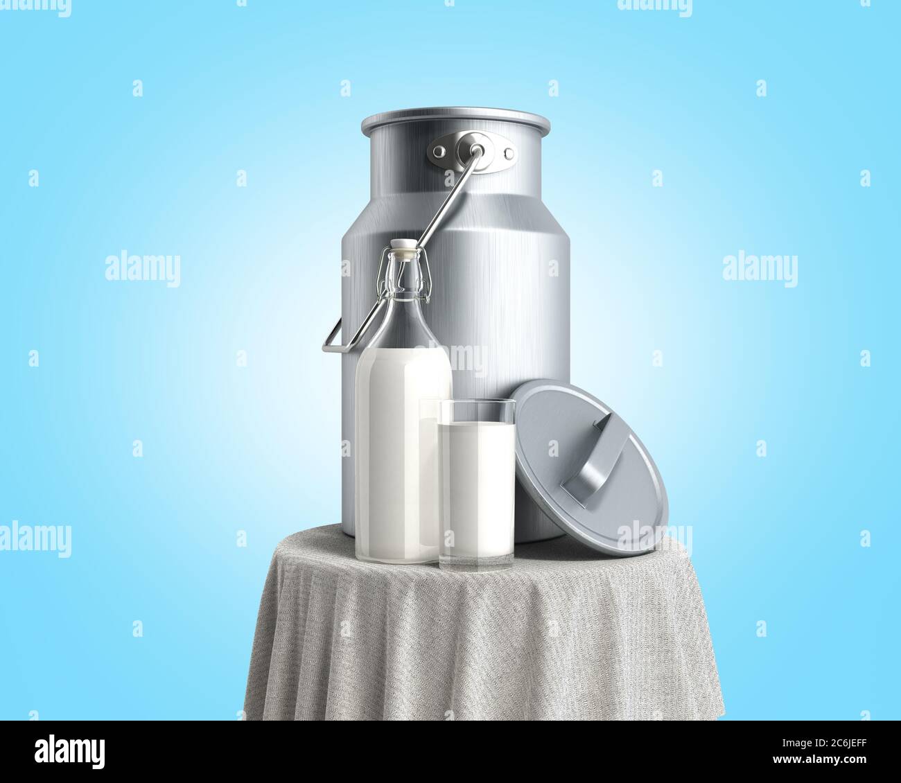 milk can container near the bottle and glass of milk on table 3d render ...