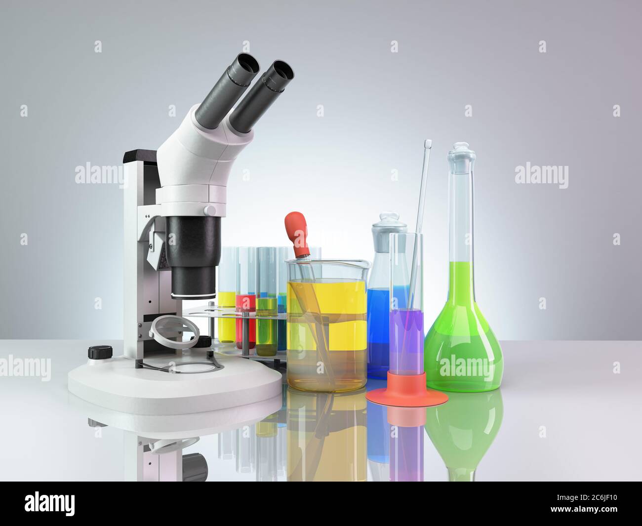 test tubes and flasks with reagents stand next to the microscope on the ...
