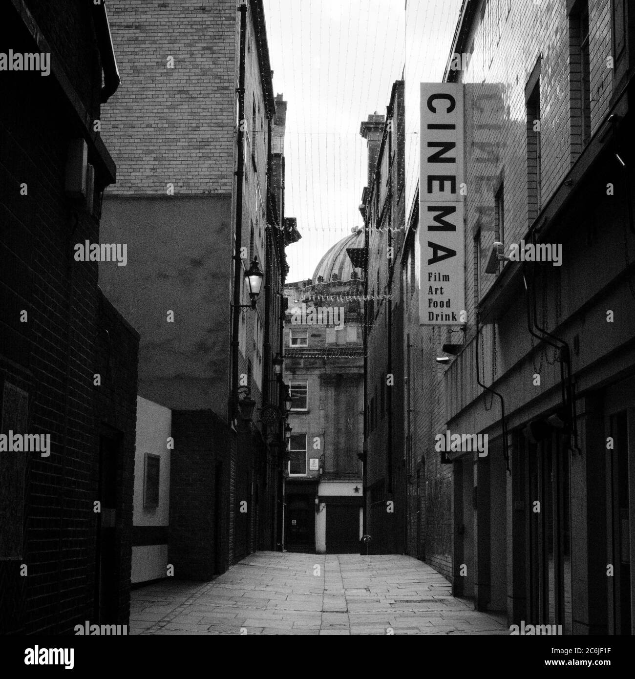Newcastle, UK: The entrance to the Tyneside Cinema, edited in black and ...
