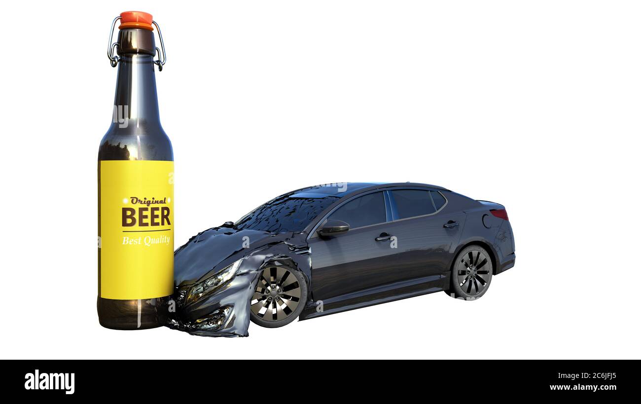 drunk driving concept car crashed on a bottle 3d render on white no ...